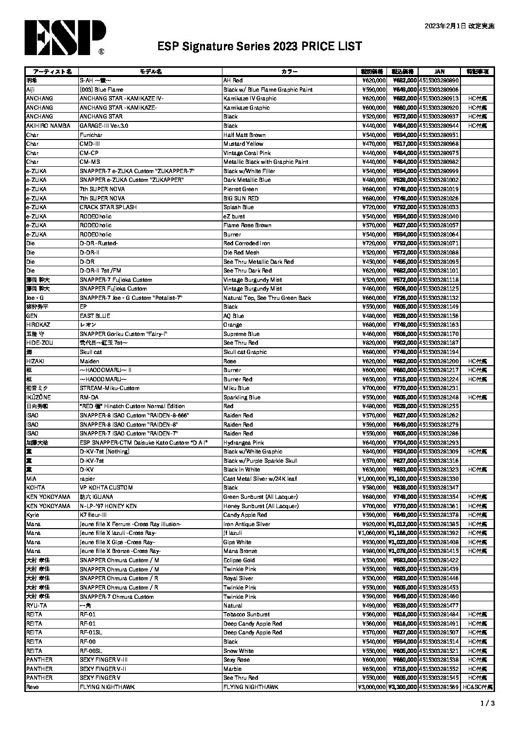 ESP-Signature-Series-2023-PRICE-LIST-20230201- | ESP GUITARS